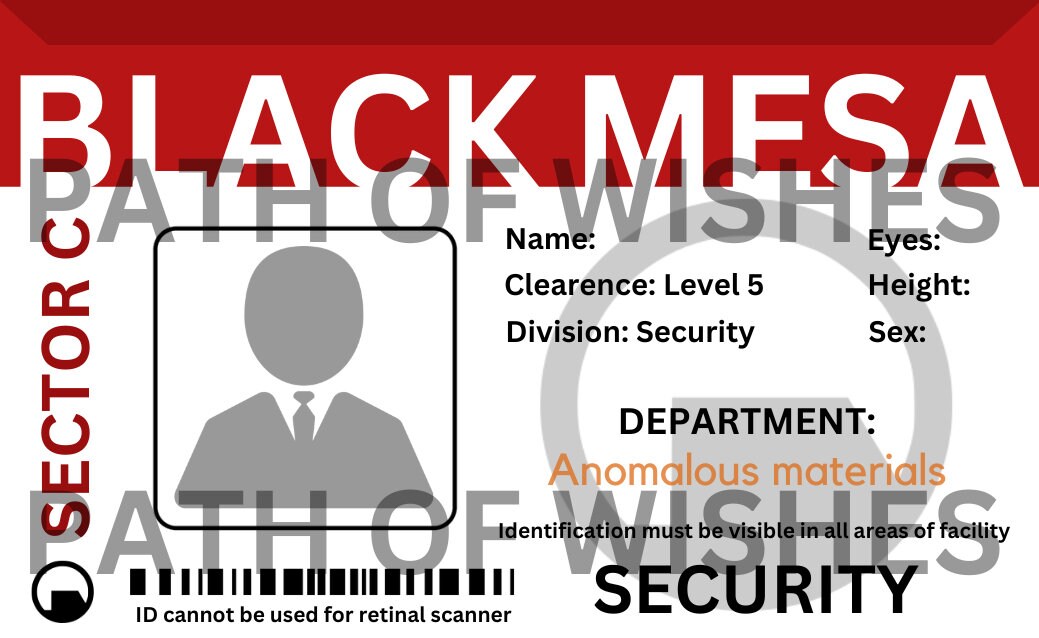 PRINTABLE Black Mesa SECURITY ID Card Badge From Half-life for Cosplay ...