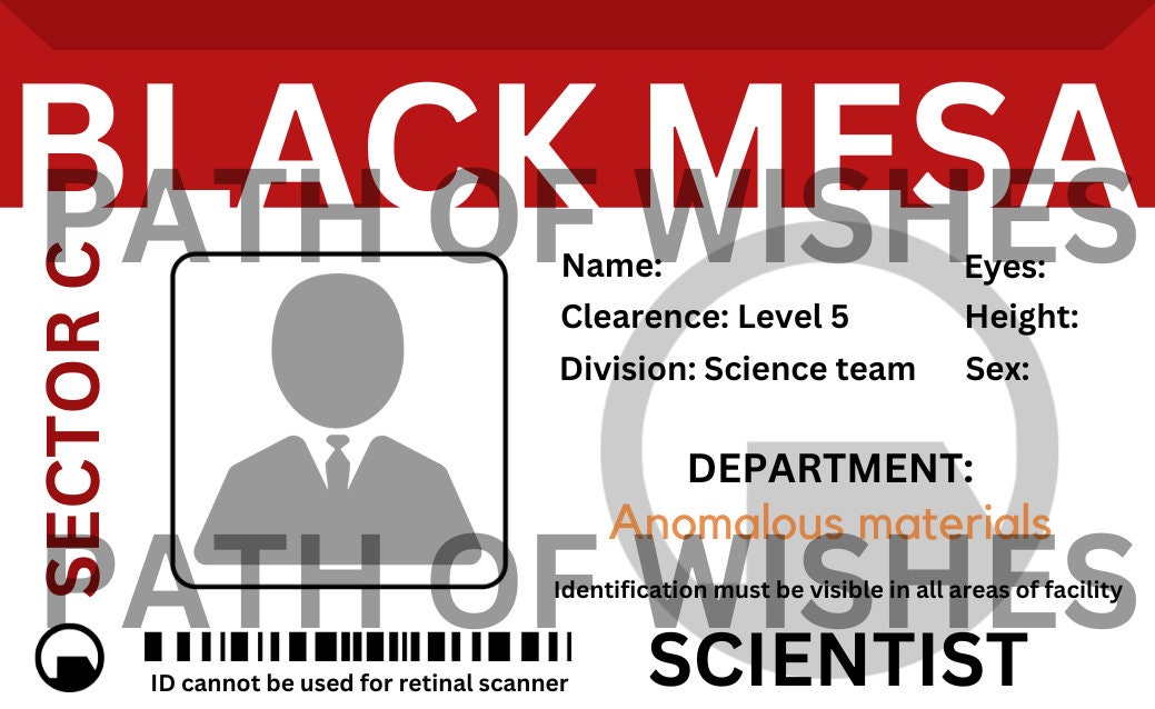 PRINTABLE Black Mesa SCIENTIST ID Card Badge From Half-life for Cosplay ...