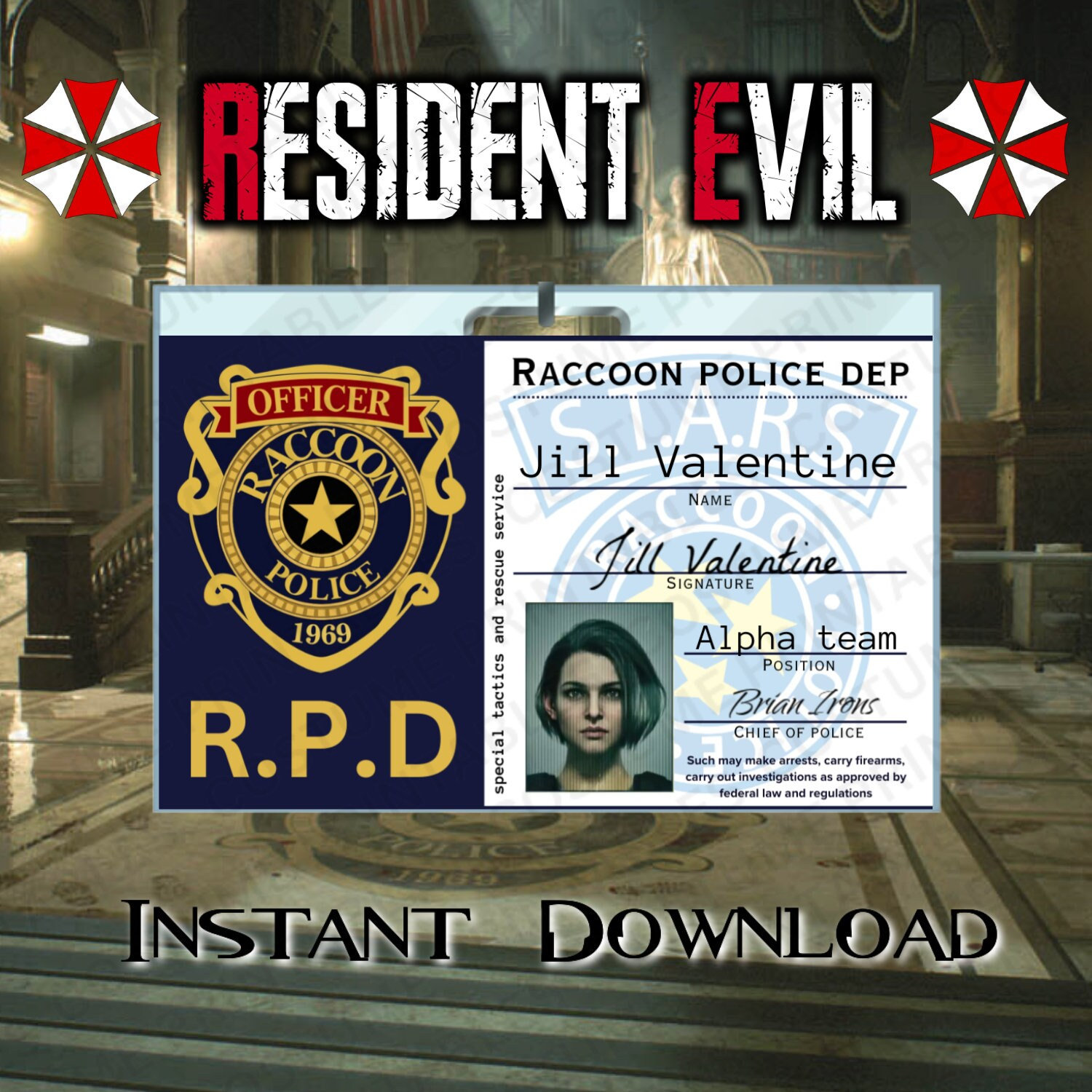 Printable | Jill Valentine | R.P.D | ID Card | ID Badge | Inspired by ...