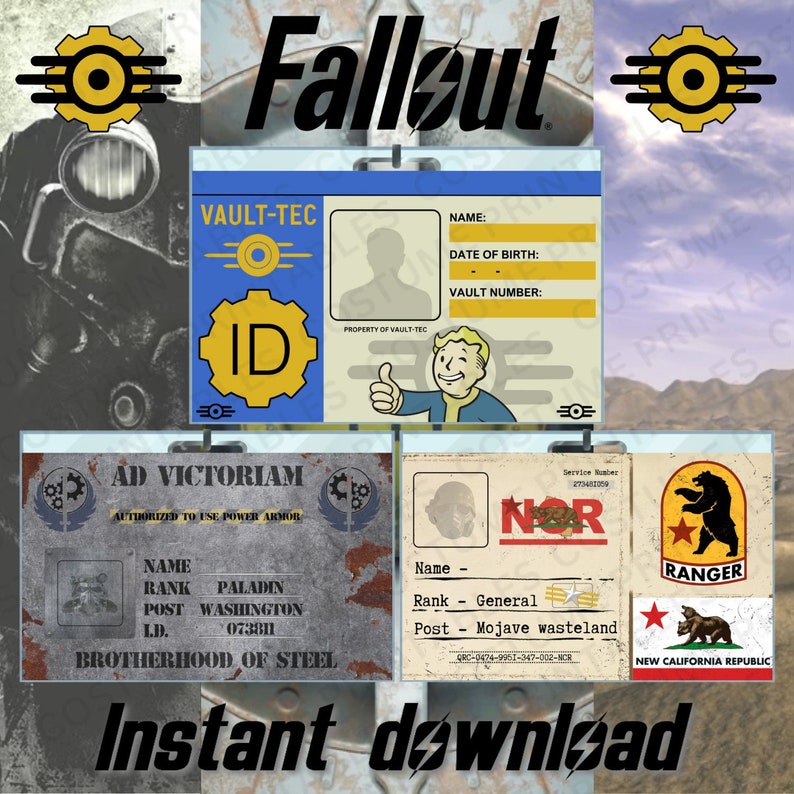 PRINTABLE Fallout ID Cards, Vault-tec, Vault Dweller, Brotherhood of ...