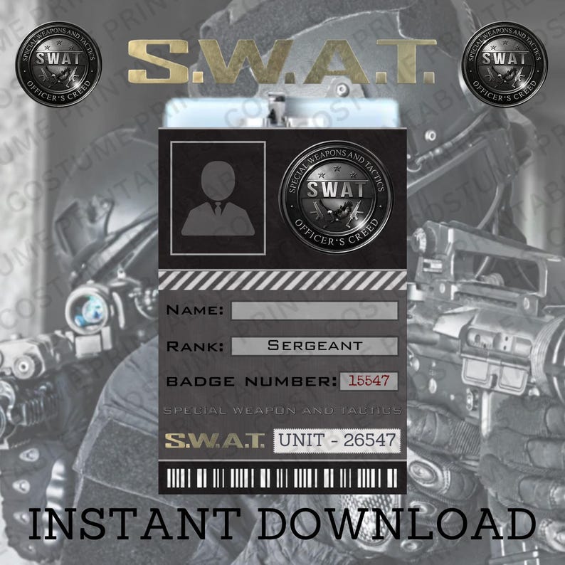 Printable | SWAT | ID Card | ID Badge | Costume or Cosplay - Etsy