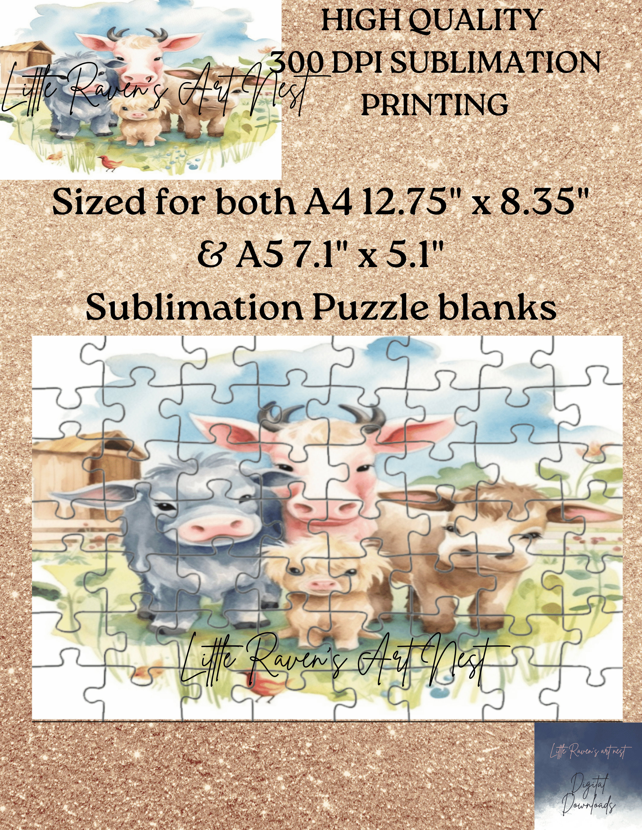 Highland Cows Sublimation Puzzle Design, Cute Farm Animals, Puzzle Gift ...
