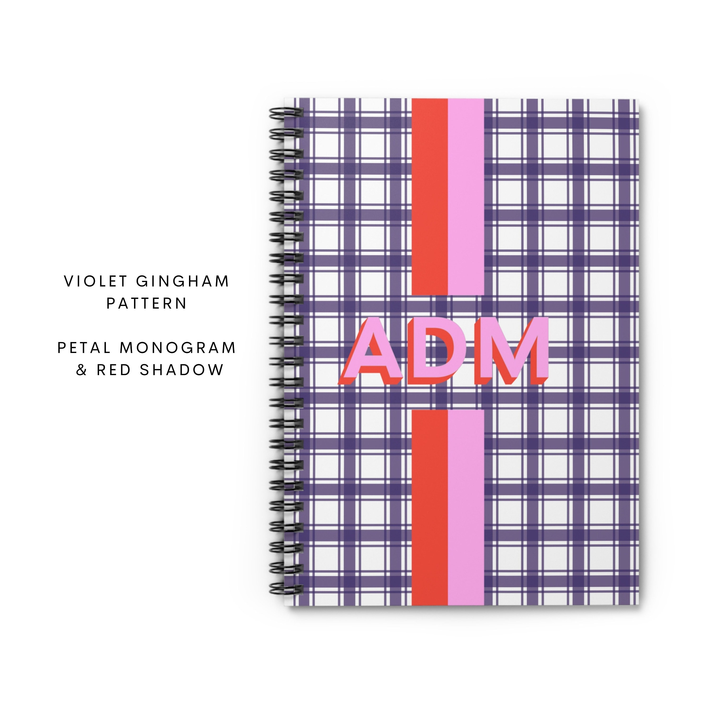 Violet Gingham Monogram Spiral Notebook, Shadow Monogram Journal ...