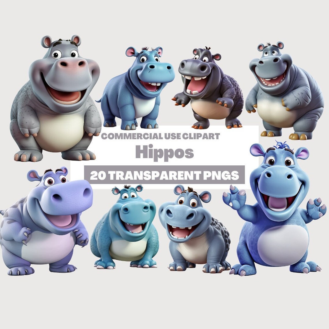 Hippos Clipart - Cute Cartoon Clipart, Hippos Clipart Set, Hippos ...