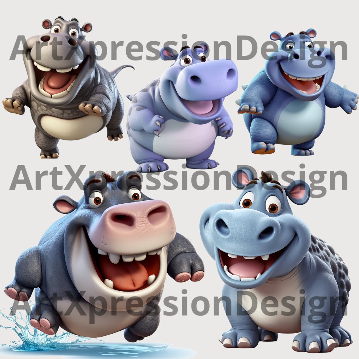 Hippos Clipart - Cute Cartoon Clipart, Hippos Clipart Set, Hippos ...