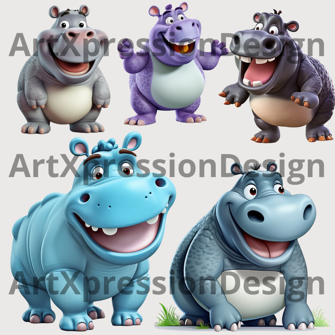 Hippos Clipart - Cute Cartoon Clipart, Hippos Clipart Set, Hippos ...