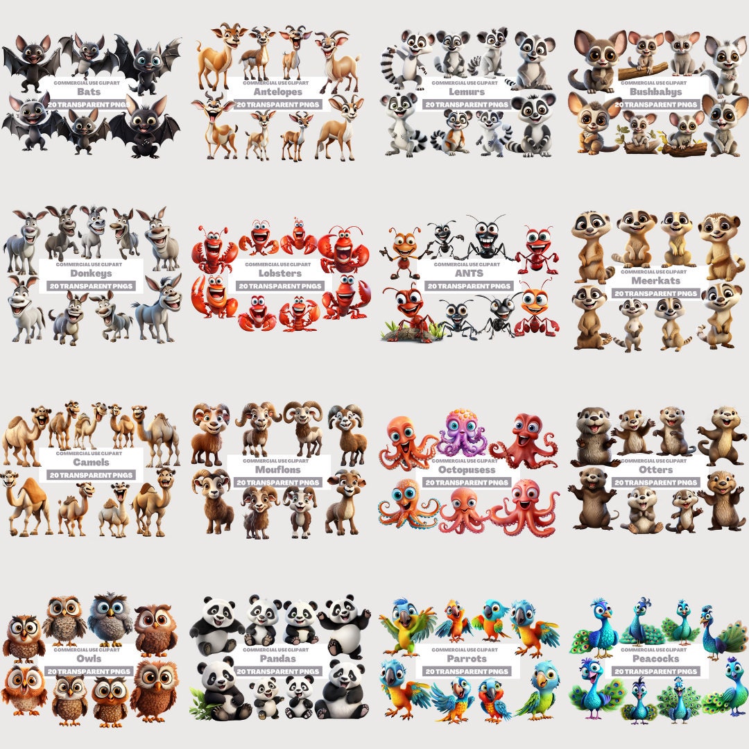 Animals Megapack Clipart Cute Cartoon Clipart, Mega Bundle, Animals Set ...