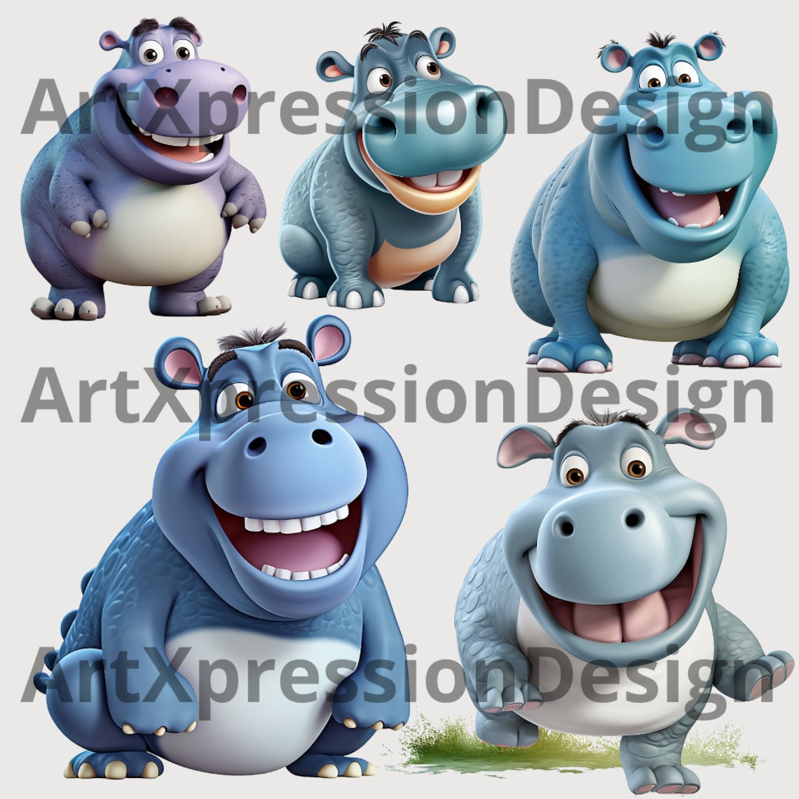 Hippos Clipart - Cute Cartoon Clipart, Hippos Clipart Set, Hippos ...