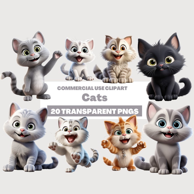 Cats Clipart - Cute Cartoon Clipart, Cats Clipart Set, Cats - Instant ...