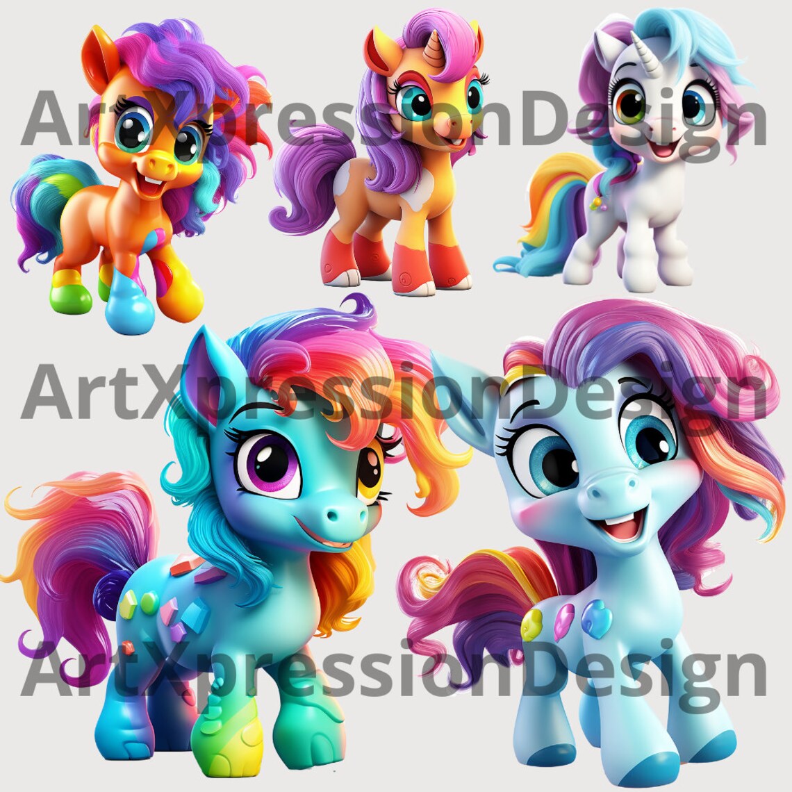 Rainbow Ponies Clipart Cute Cartoon Clipart, Pony Clipart Set, Pony ...