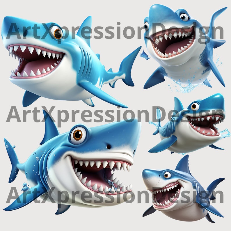 Sharks Clipart - Cute Cartoon Clipart, Sharks Clipart Set, Sharks ...