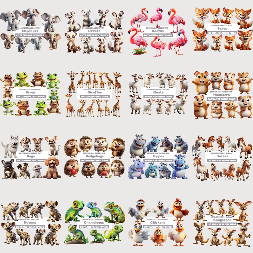 Animals Megapack Clipart Cute Cartoon Clipart, Mega Bundle, Animals Set ...