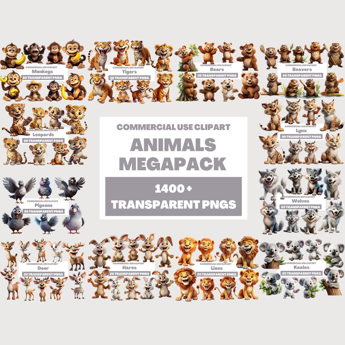 Animals Megapack Clipart Cute Cartoon Clipart, Mega Bundle, Animals Set ...