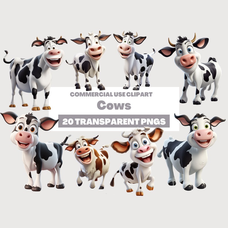 Cows Clipart - Cute Cartoon Clipart, Cows Clipart Set, Cowss - Instant ...