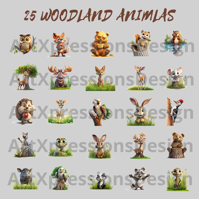 Cartoon Woodland Animals and Plants Clipart, Clipart for Commercial Use ...