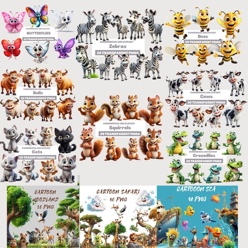 Animals Megapack Clipart Cute Cartoon Clipart, Mega Bundle, Animals Set ...