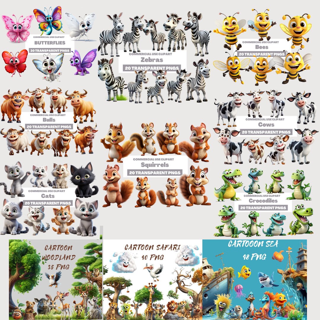 Animals Megapack Clipart Cute Cartoon Clipart, Mega Bundle, Animals Set ...