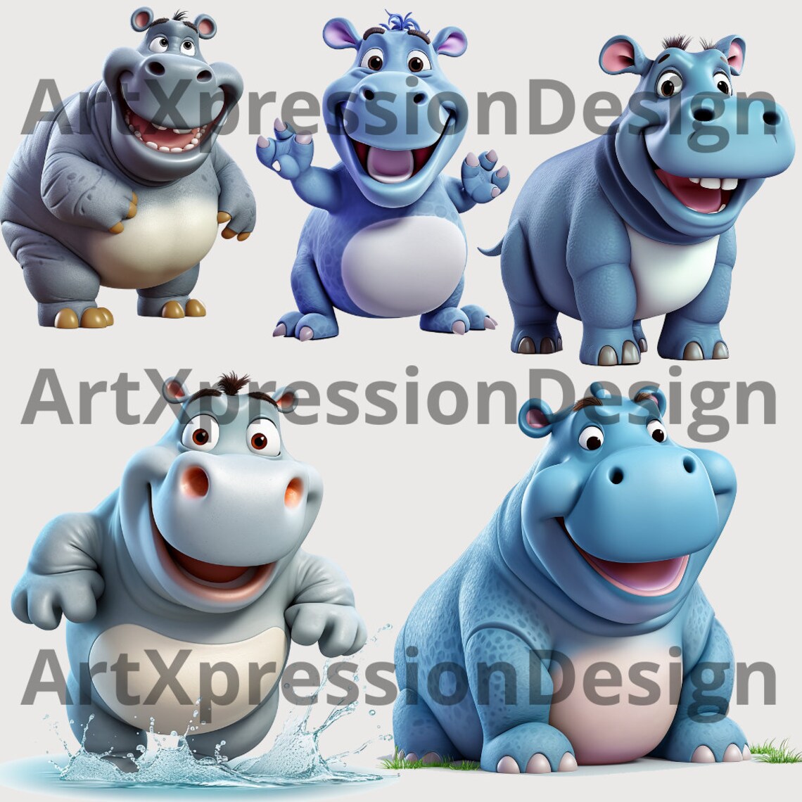 Hippos Clipart - Cute Cartoon Clipart, Hippos Clipart Set, Hippos ...