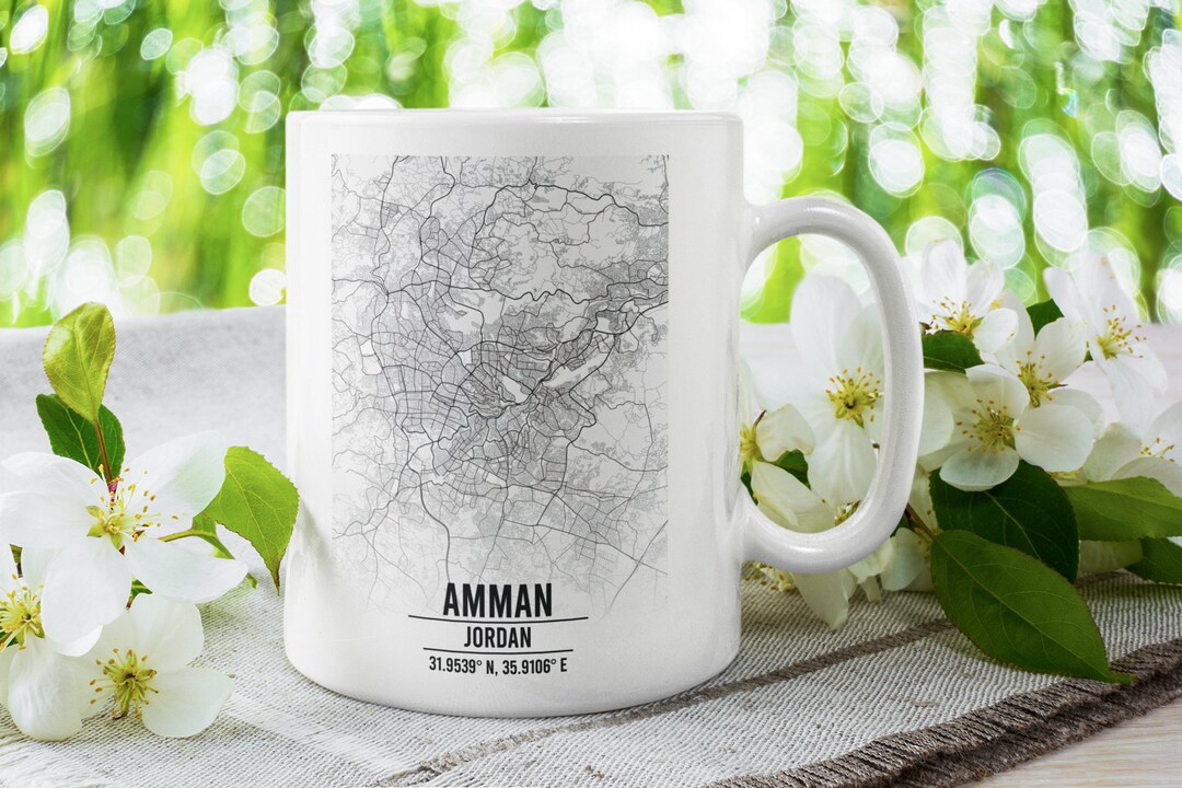 Monochrome Map of Amman, Jordan Mug – 11oz (330ml) Ceramic Coffee Mug ...