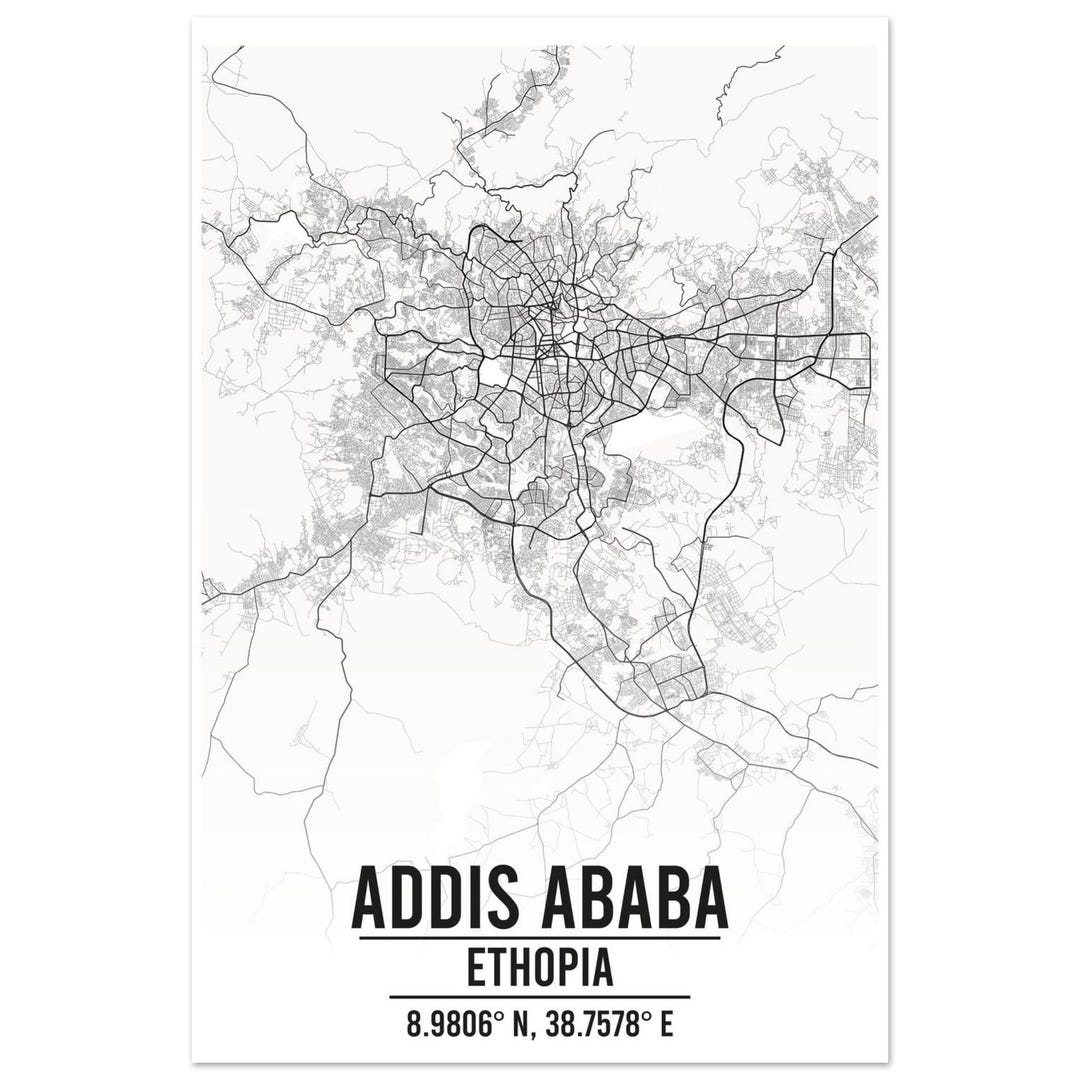 Addis Ababa Minimalist Monochrome Map Print – Black & White City Wall ...