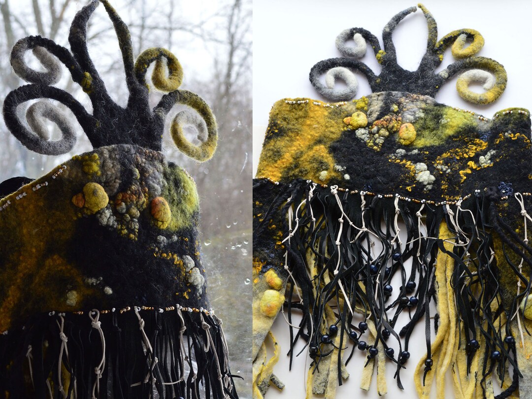 Shaman Headdress - a Black Pagan Mask With a Fringe and Horns From Wool ...