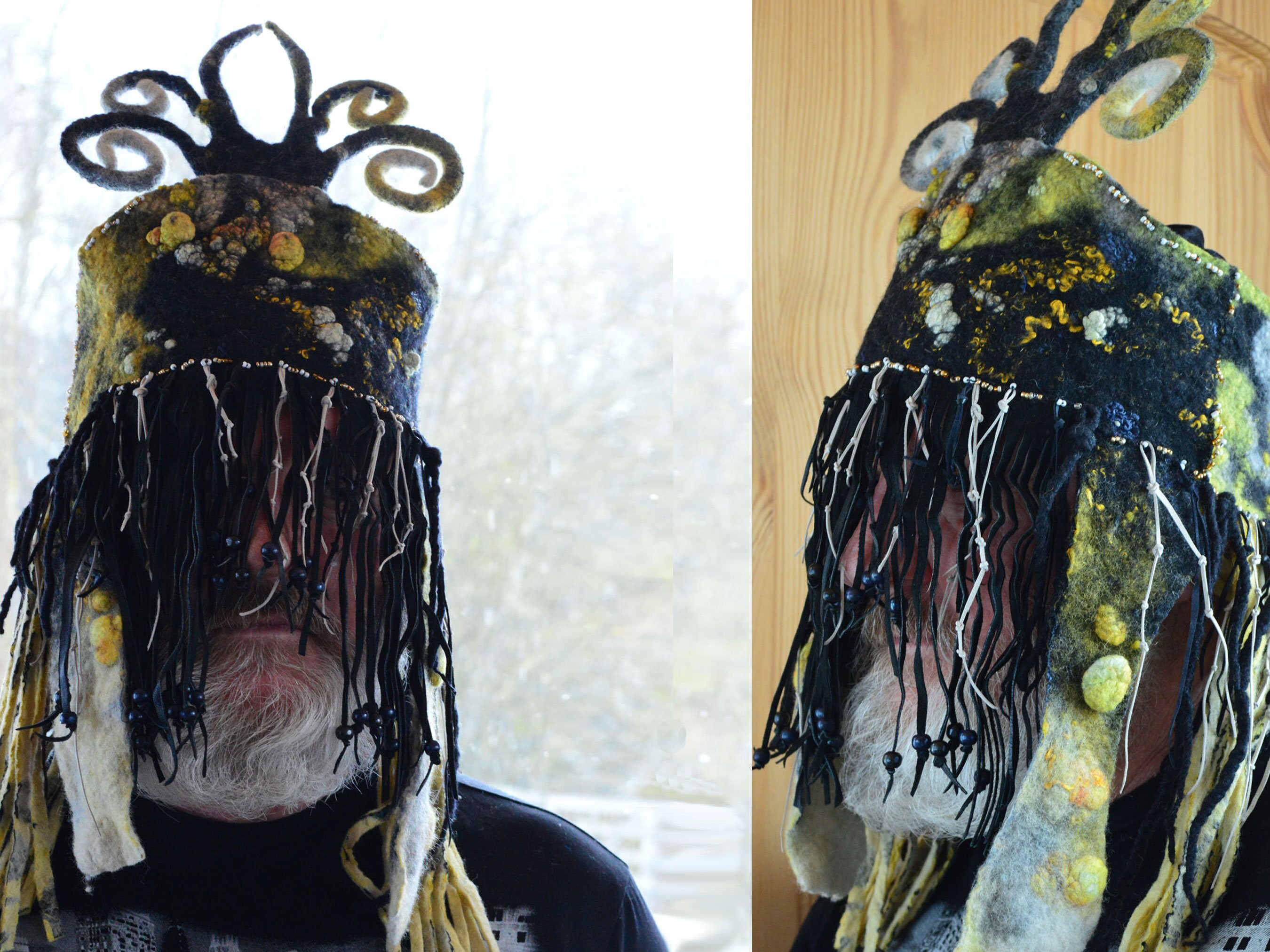 Shaman Headdress - a Black Pagan Mask With a Fringe and Horns From Wool ...