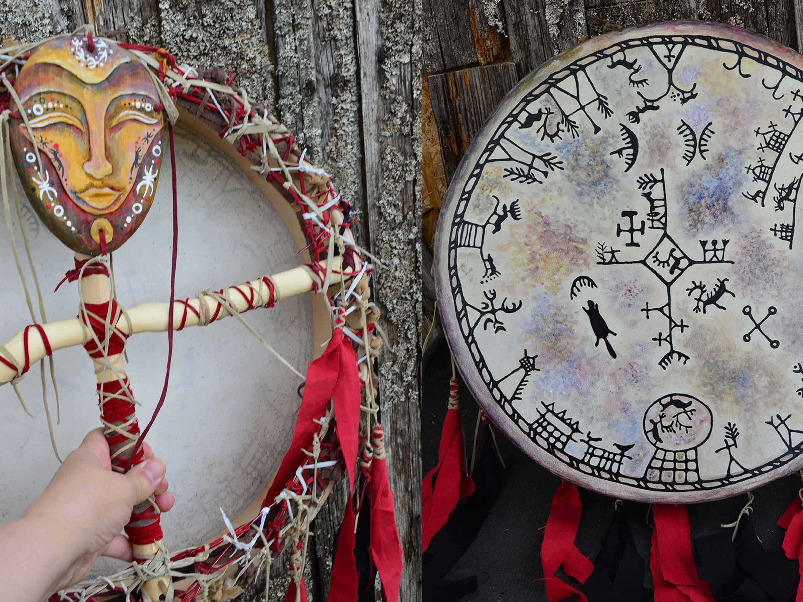 Shaman Drum With Saami Motives. Hand Painted Tambourine, Museum Replica ...