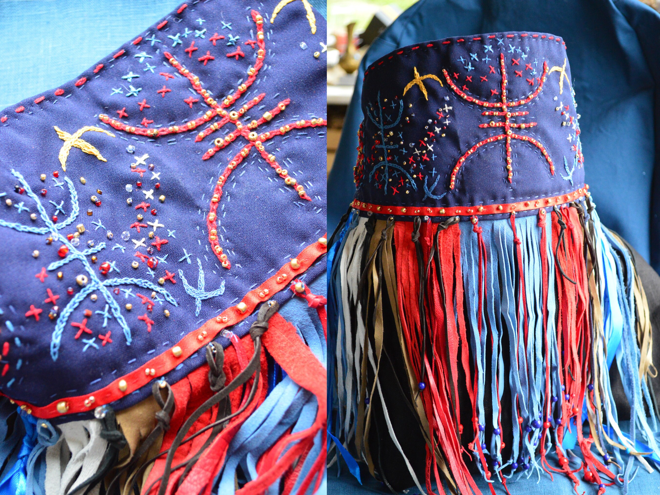 Shaman's Hand Embroidery Headdress With Fringe. Blue Mask With Birds ...