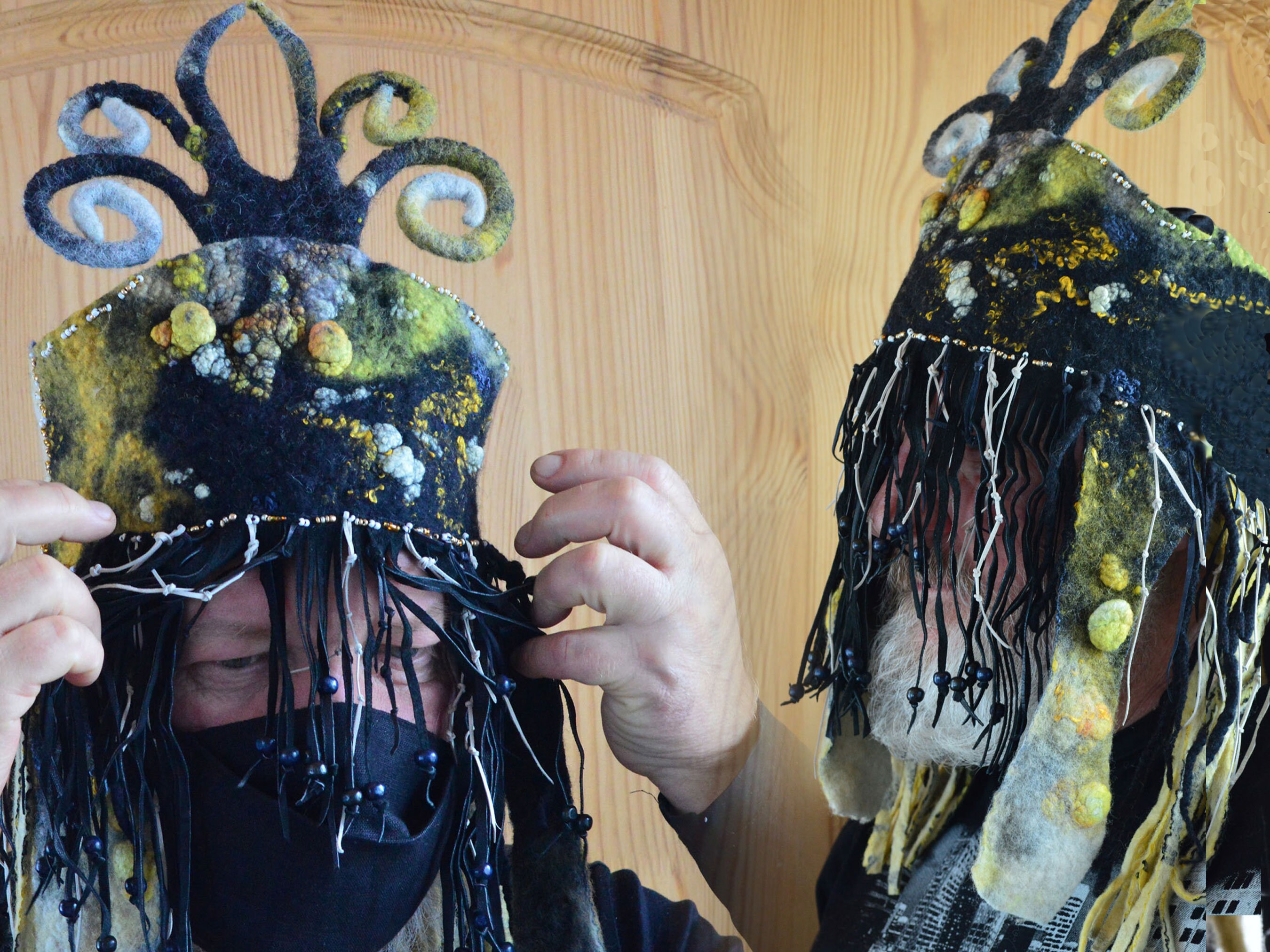 Shaman Headdress - a Black Pagan Mask With a Fringe and Horns From Wool ...