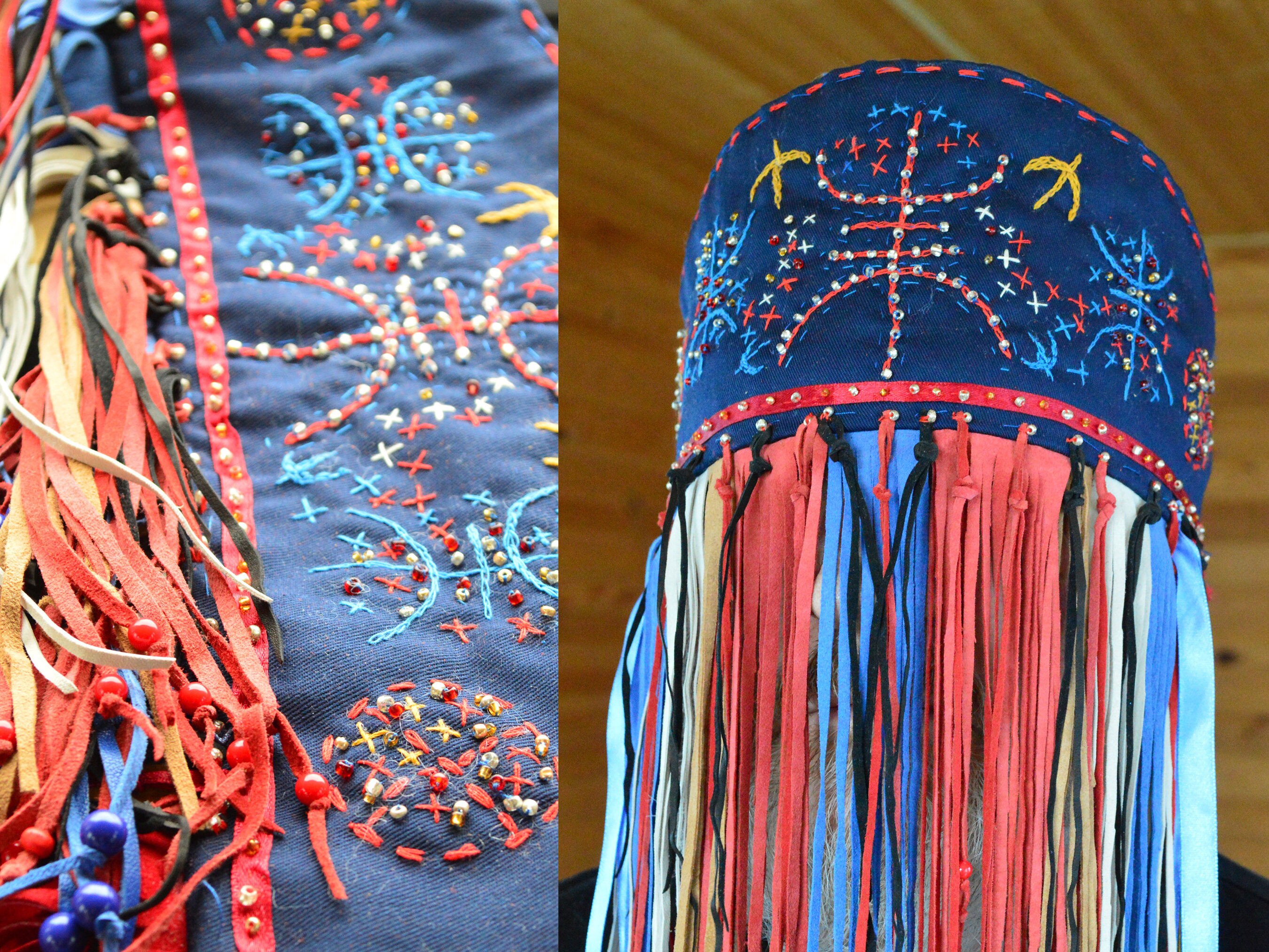 Shaman's Hand Embroidery Headdress With Fringe. Blue Mask With Birds ...