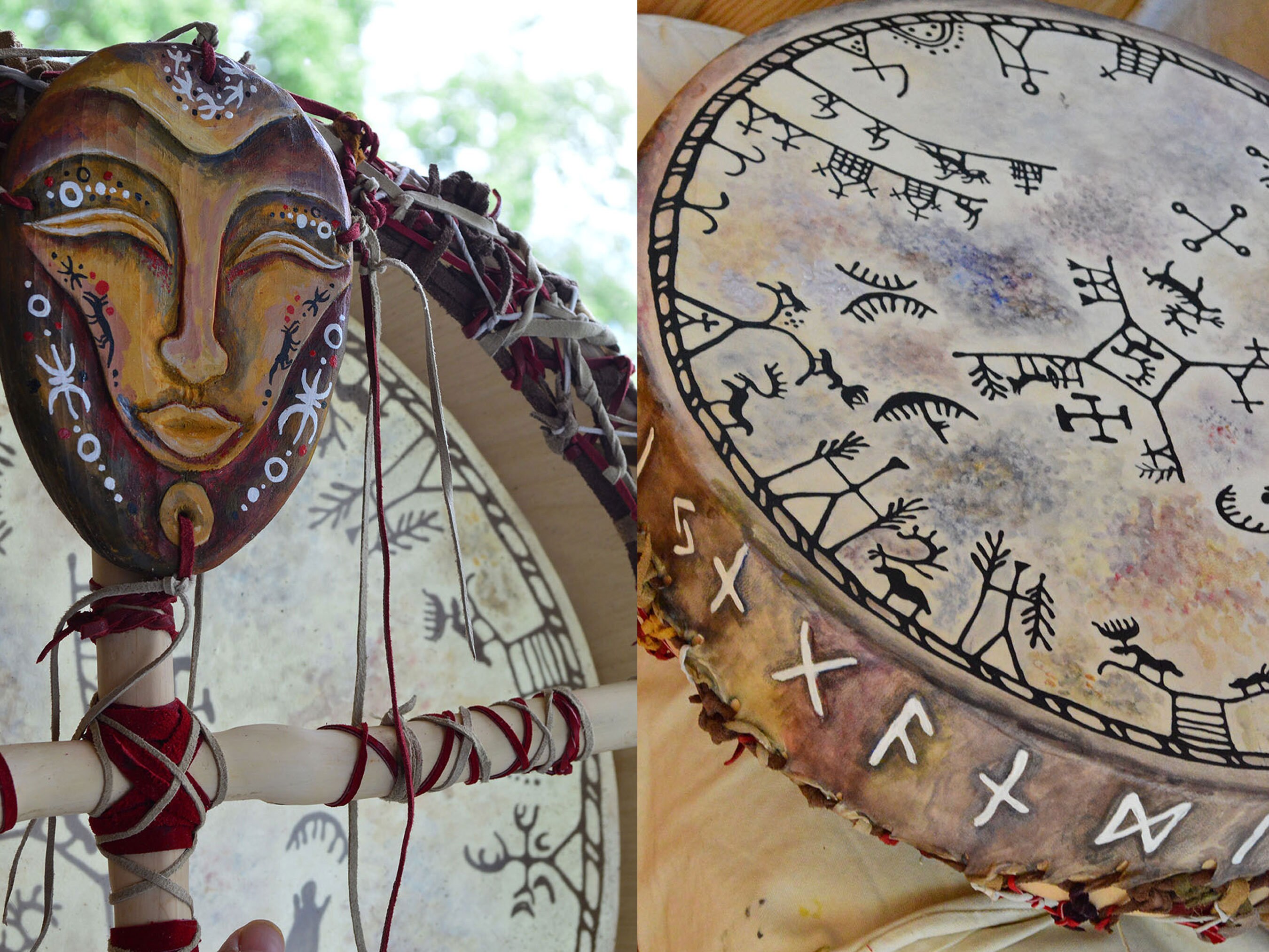 Shaman Drum With Saami Motives. Hand Painted Tambourine, Museum Replica ...