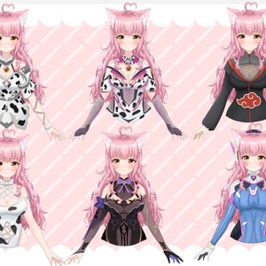 Pink Catgirl-themed Full-body Vtuber Model Pack With Multiple Outfits ...