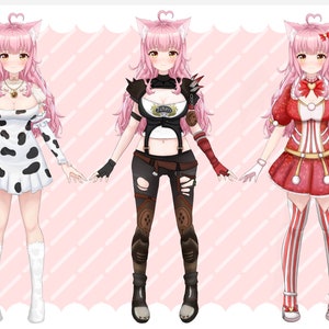 Pink Catgirl-themed Full-body Vtuber Model Pack With Multiple Outfits ...