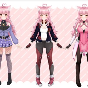 Pink Catgirl-themed Full-body Vtuber Model Pack With Multiple Outfits ...