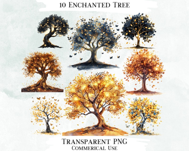 Enchanted Tree Clip Art Bundle, 10 Transparent PNG Designs, Decorative Images, Digital Designs ...