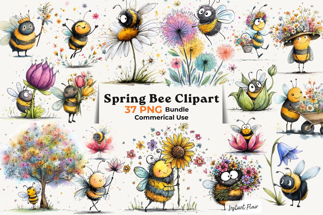 Spring Bee Watercolor Clipart Bundle, Whimsical Graphics (digital ...