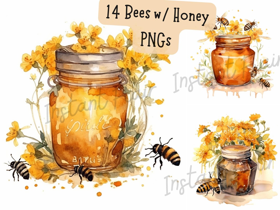 Bees With Honey Clip Art Bundle 14 PNG Designs Watercolor Cute Artsy ...