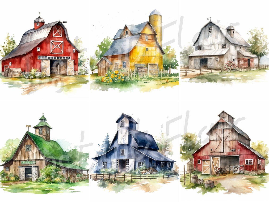 Farmhouse Barn Clip Art Bundle 35 JPG Designs Watercolor Country Artsy ...