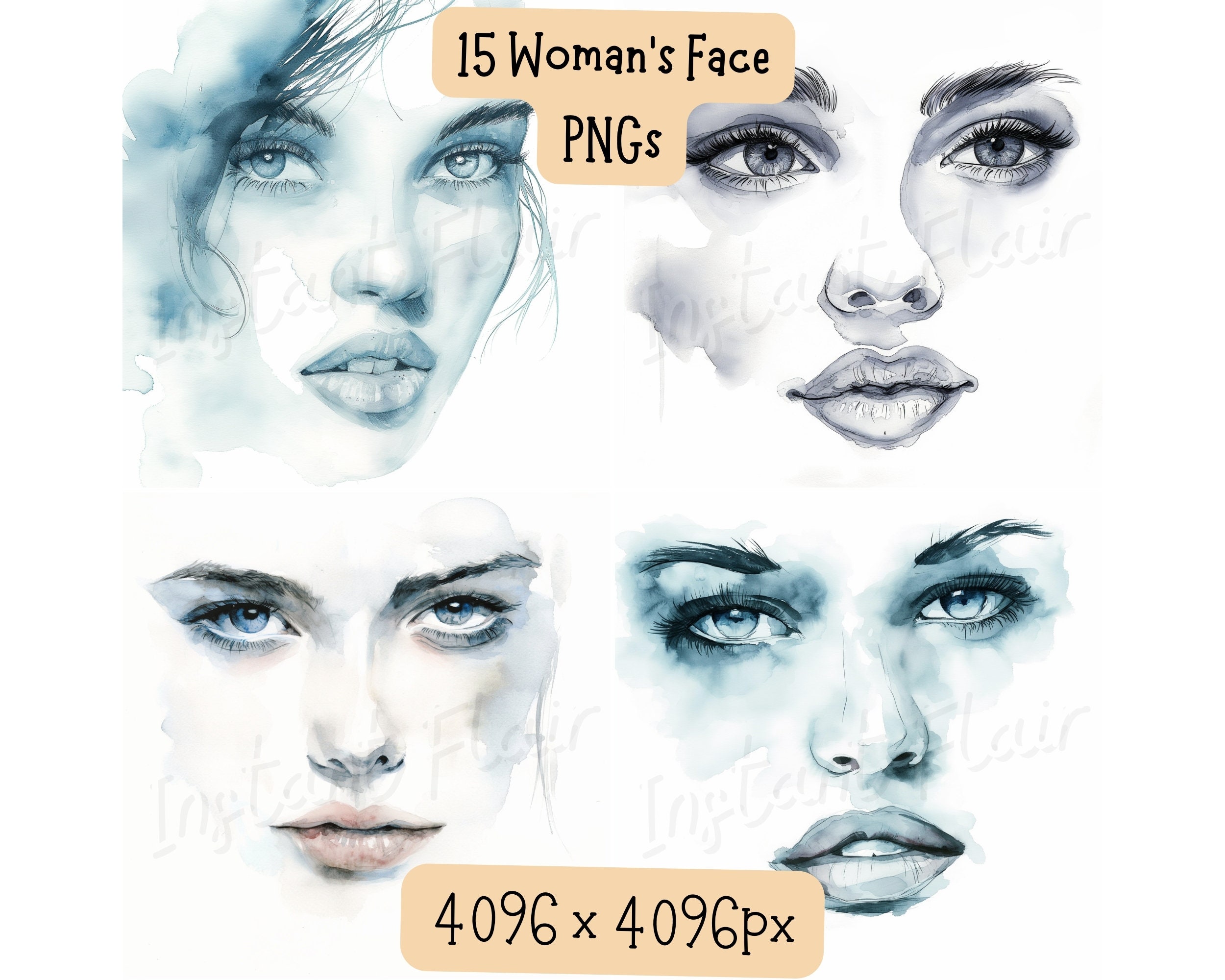 Woman's Face Watercolor Clip Art Bundle, PNG Designs, Decorative Images ...