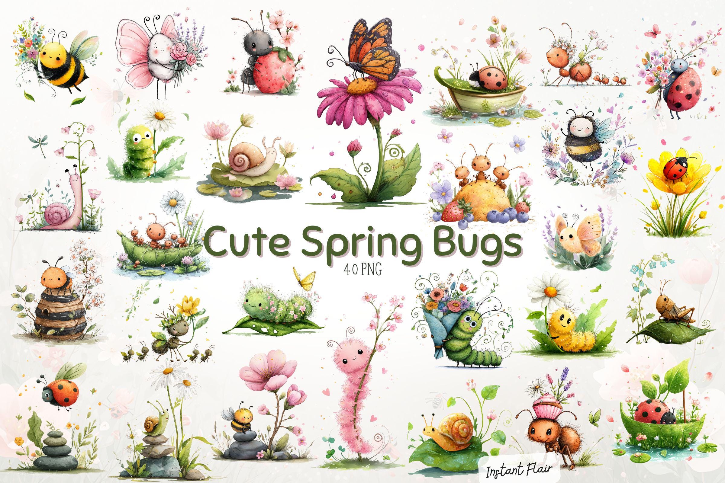 Watercolor Spring Bugs Clipart – Kawaii Insect PNG Graphics - Etsy