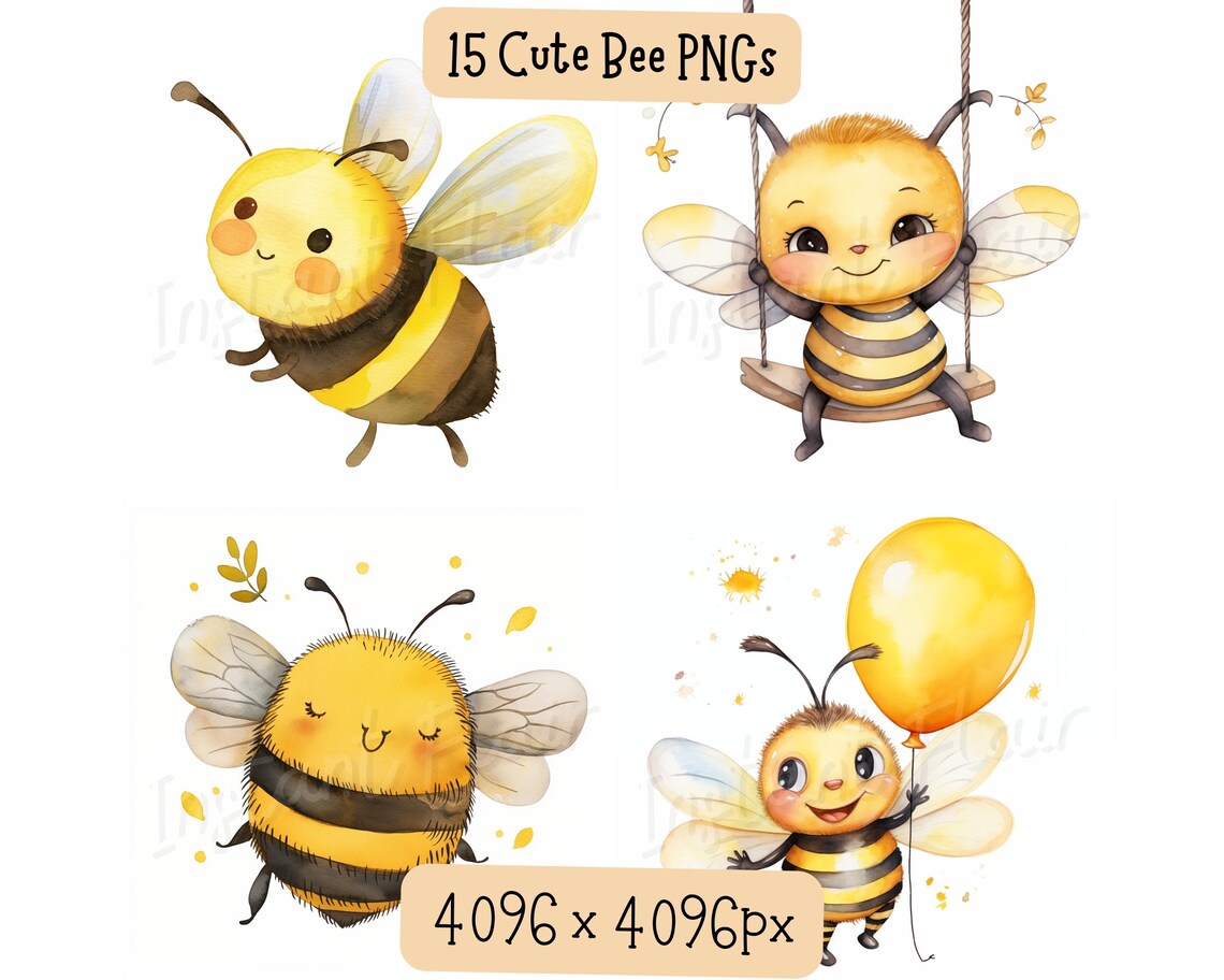 Cute Bee Watercolor Clip Art Bundle, PNG Designs, Decorative Images ...