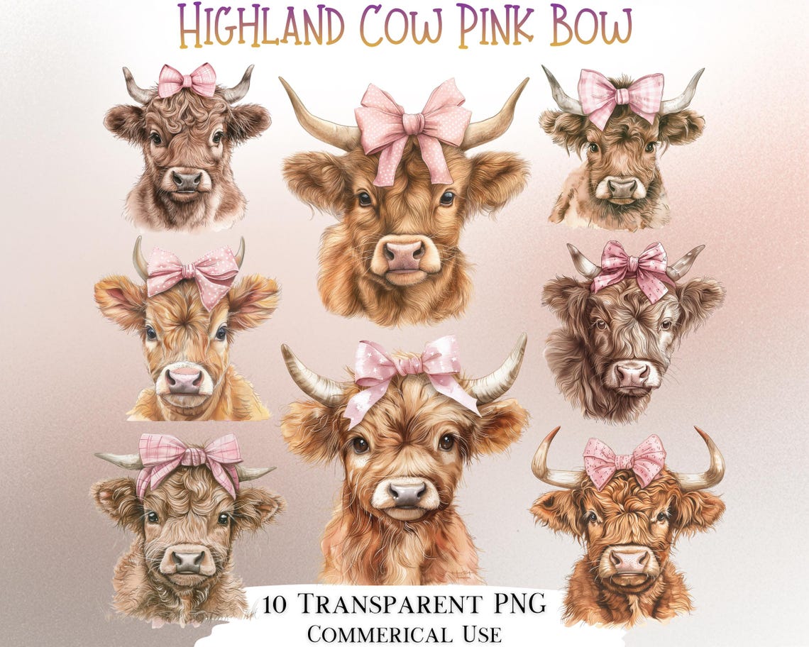 Highland Cow Pink Bow Watercolor Clipart Bundle (PNG) - Etsy