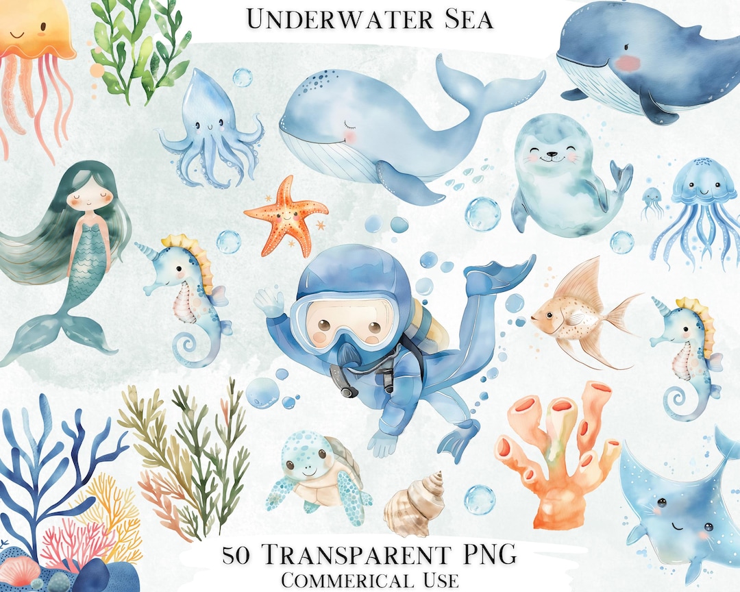 Underwater Sea Clip Art Bundle, 50 Transparent PNG Designs, Decorative ...