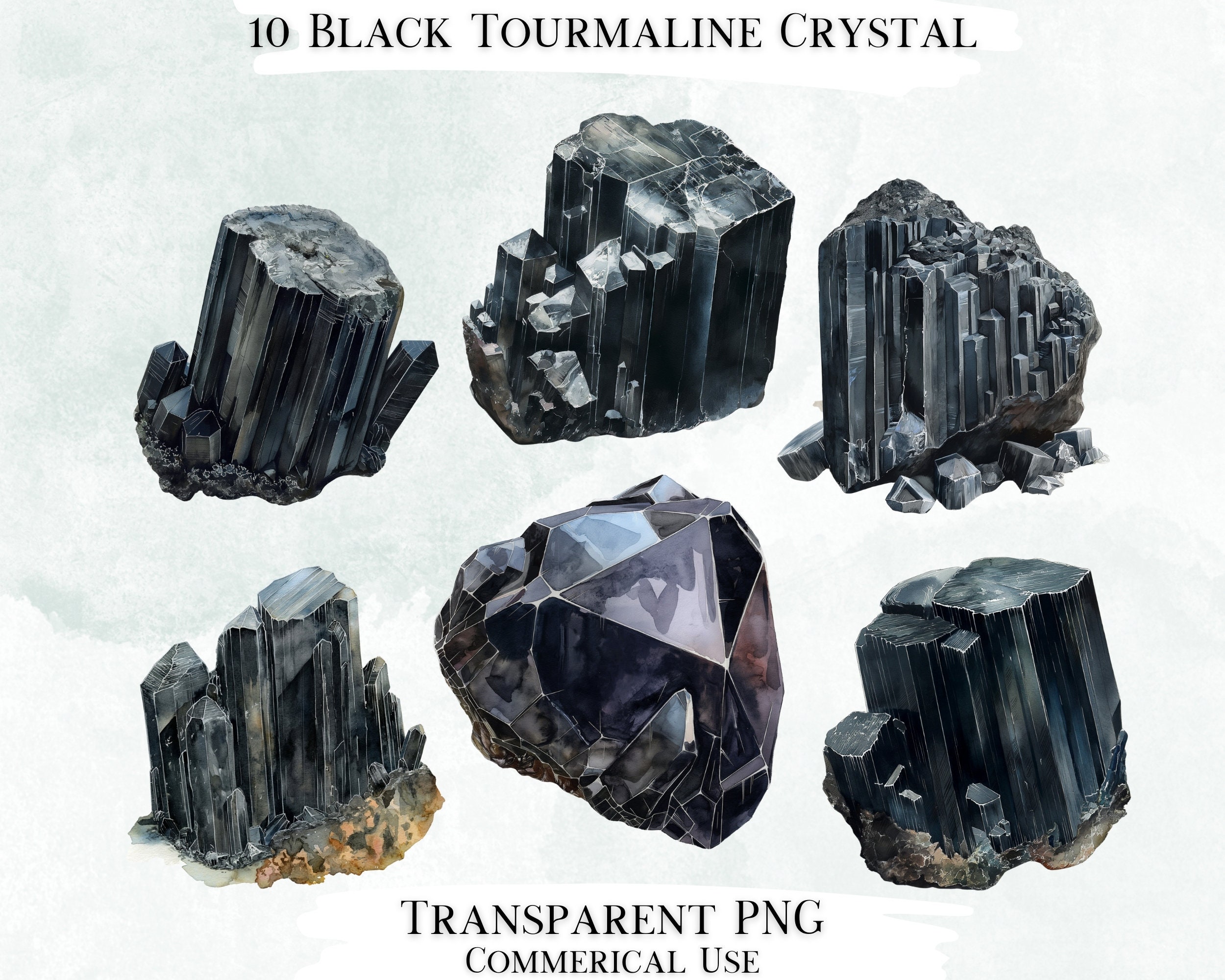 Black Tourmaline Crystal Clip Art Bundle, 10 Transparent PNG Designs ...