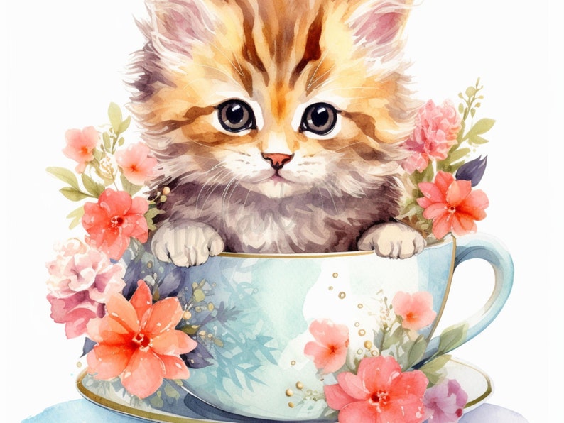 Kitten in Teacup Clip Art Bundle 16 PNG Designs Watercolor - Etsy