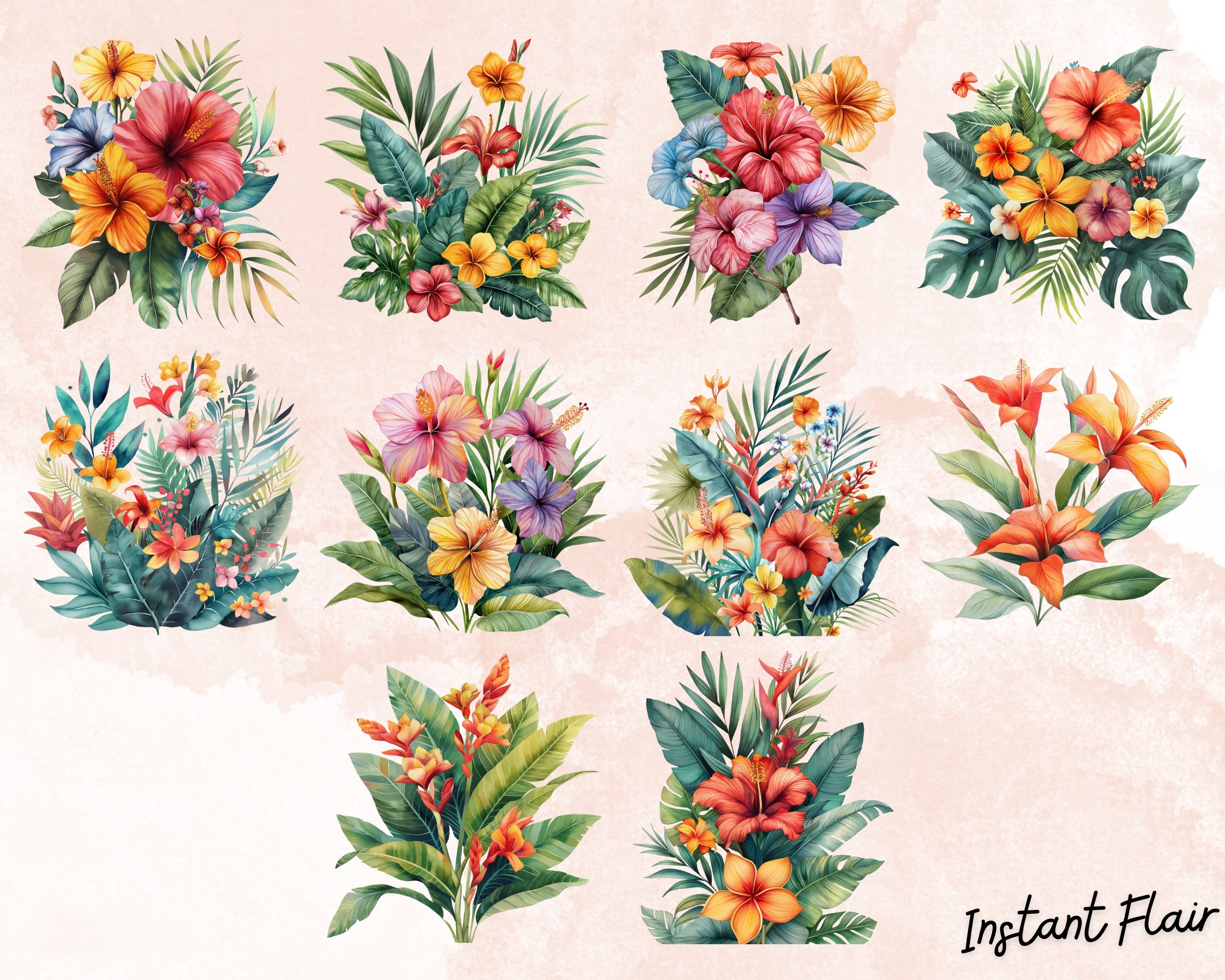 Watercolor Tropical Flowers Clip Art Bundle, 20 Transparent PNG Designs ...