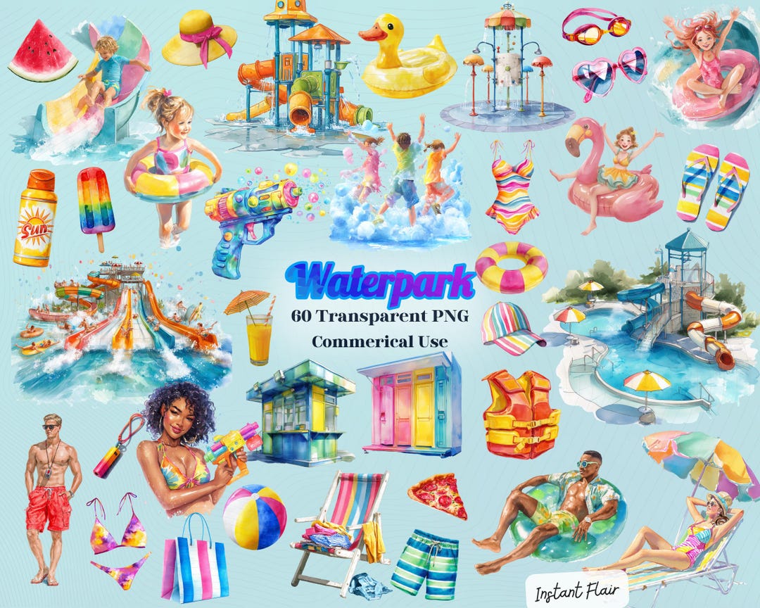 Waterpark Clipart – 60 Fun Summer Elements PNG Bundle – Slides, Floats ...