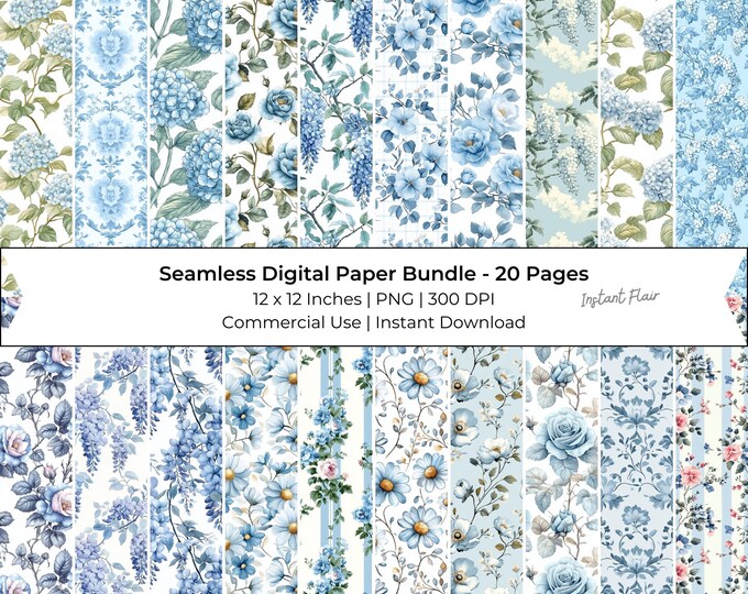 Blue Flower Digital Paper, Watercolor Floral Background, Scrapbook ...