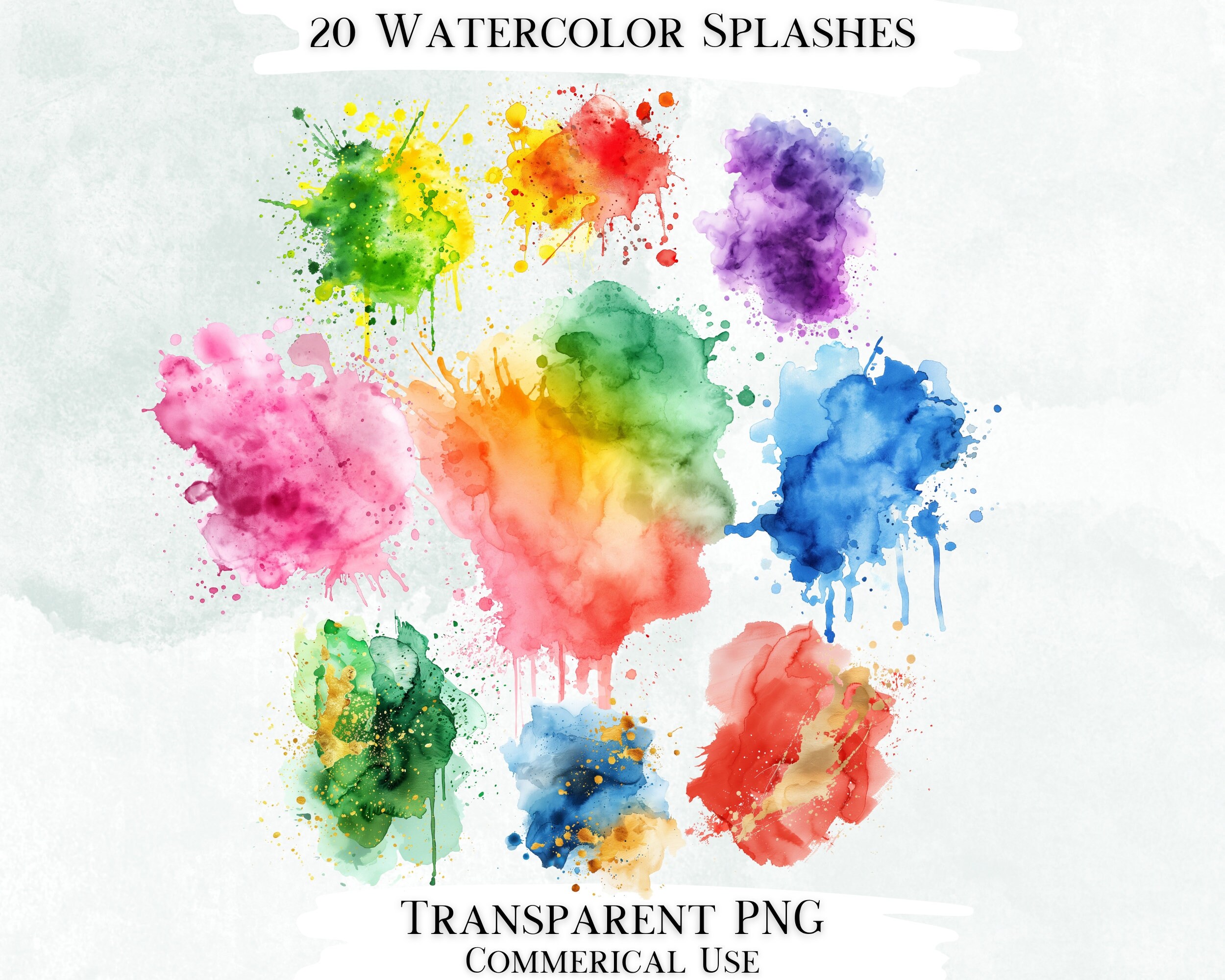 Watercolor Splashes Clip Art Bundle, 20 Transparent PNG Designs ...