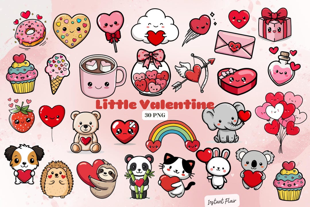 Kawaii Valentine Clipart Bundle | Animals, Hearts (PNG Digital Download ...